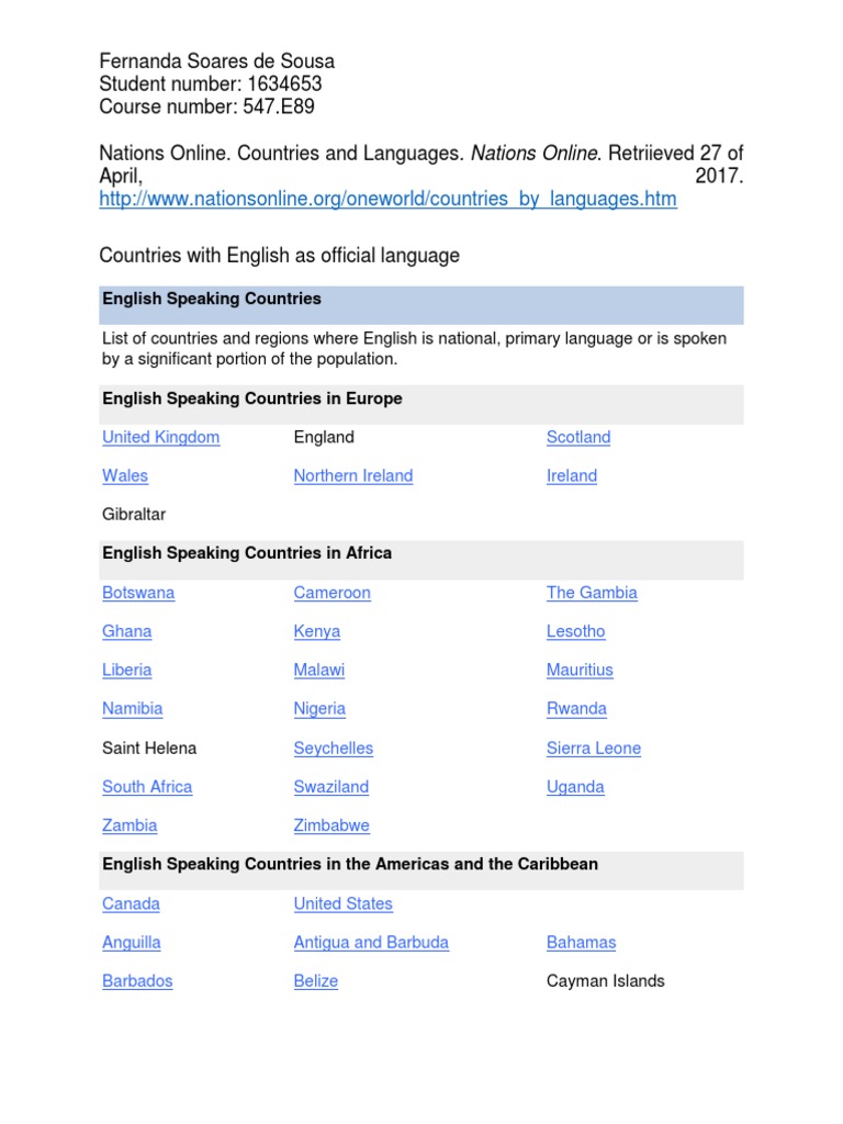 Countries With English As Official Language | PDF | Languages Of The ...