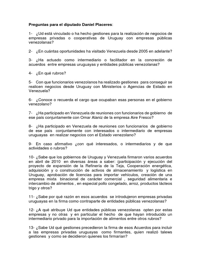 Preguntas para El Diputado Daniel Placeres | PDF | Uruguay | Venezuela