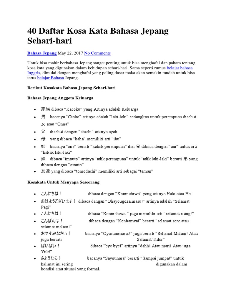 40 Daftar Kosa Kata Bahasa Jepang Sehari | PDF
