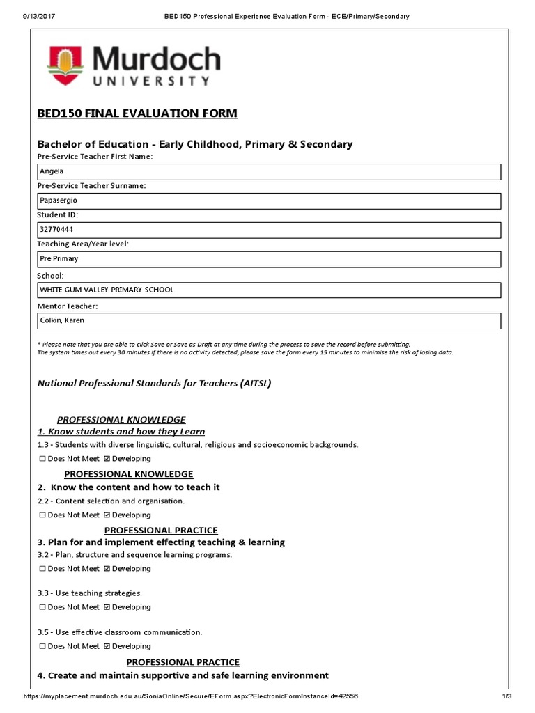 Sonia - Bed150 Professional Experience Evaluation Form - Ece Primary Secondary | PDF | Teachers ...