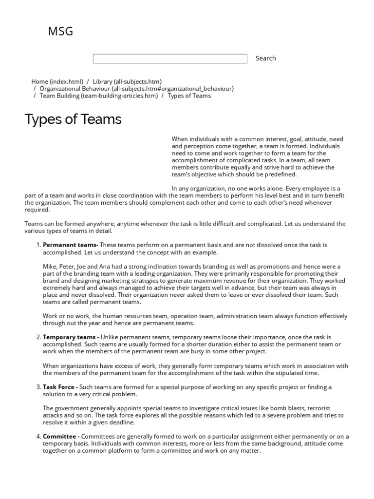 Types of Teams - Permanent Teams, Temporary Teams, Task Force, Virtual ...