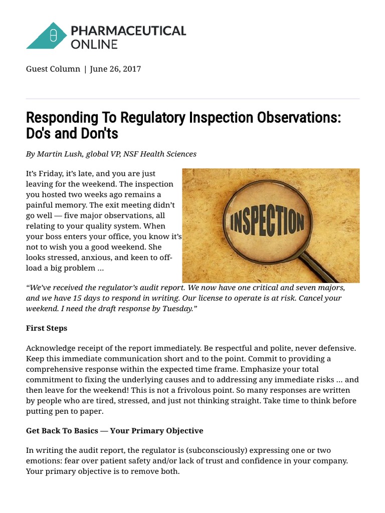 Responding To Regulatory Inspections | PDF | Risk | Risk Assessment
