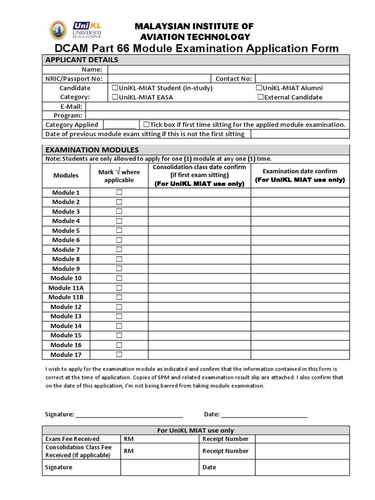 DCAM Part 66 Module Examination Application Form | PDF | Educational ...