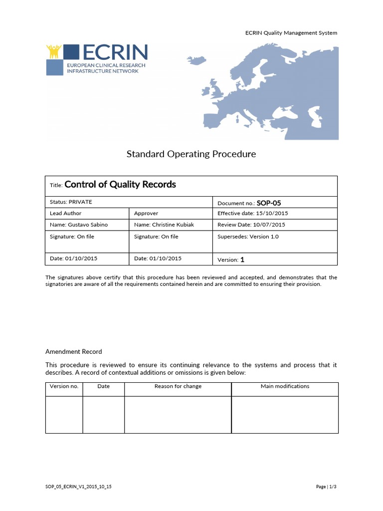Standard Operating Procedure Control of Quality Records: SOP-05 Document No.: Sop/Instruction/01 ...