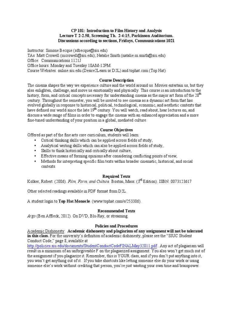 Cp101 Film History Analysis Fa13 | PDF | Essays | Lecture