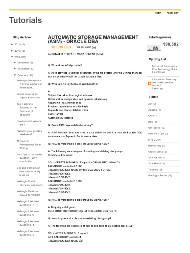 Tutorials - Automatic Storage Management (Asm) - Oracle DBA | PDF | Oracle Database | Scripting ...