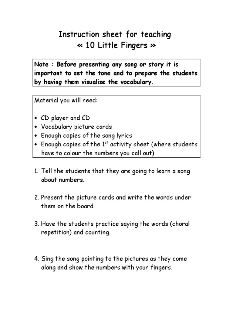 Instruction Sheet For Teaching 10 Little Fingers | PDF