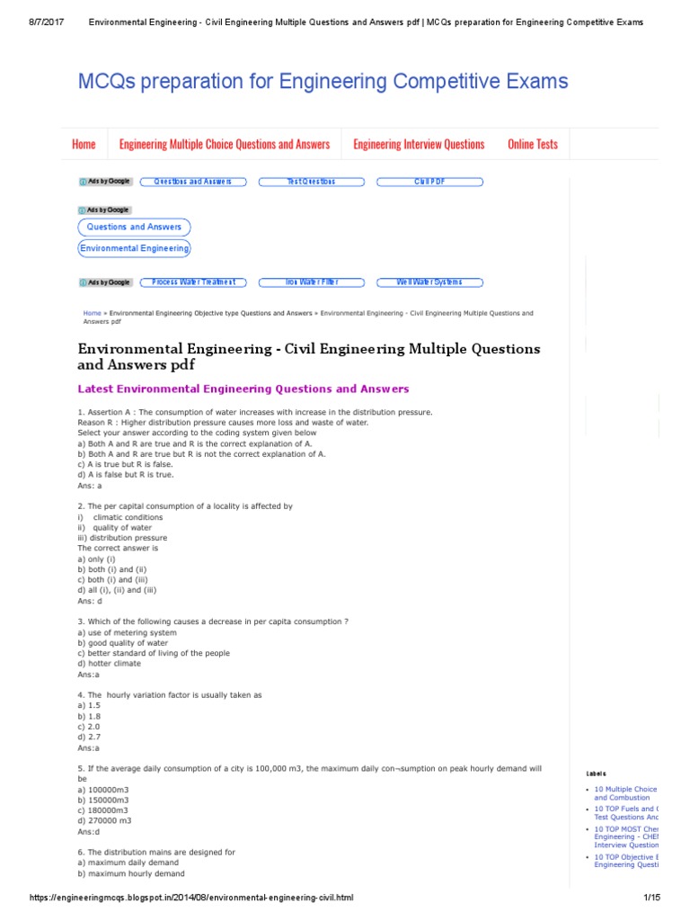 Environmental Engineering - Civil Engineering Multiple Questions and ...