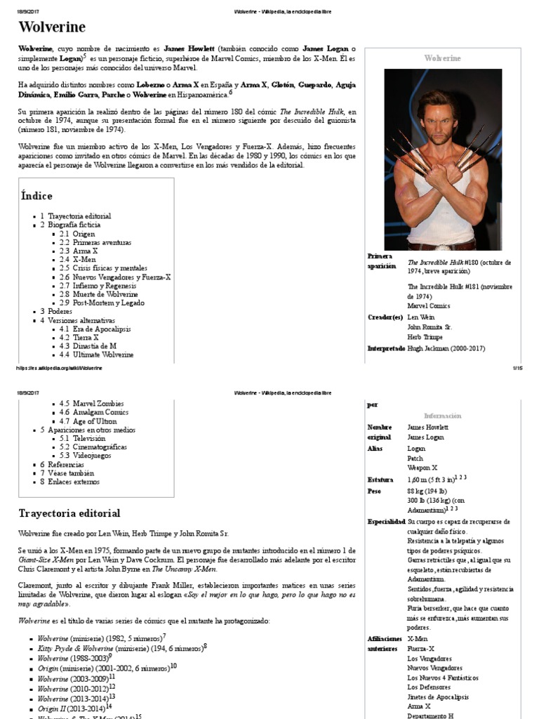 Wolverine - Wikipedia, La Enciclopedia Libre | PDF | Personajes de cómic | Personajes de Marvel ...