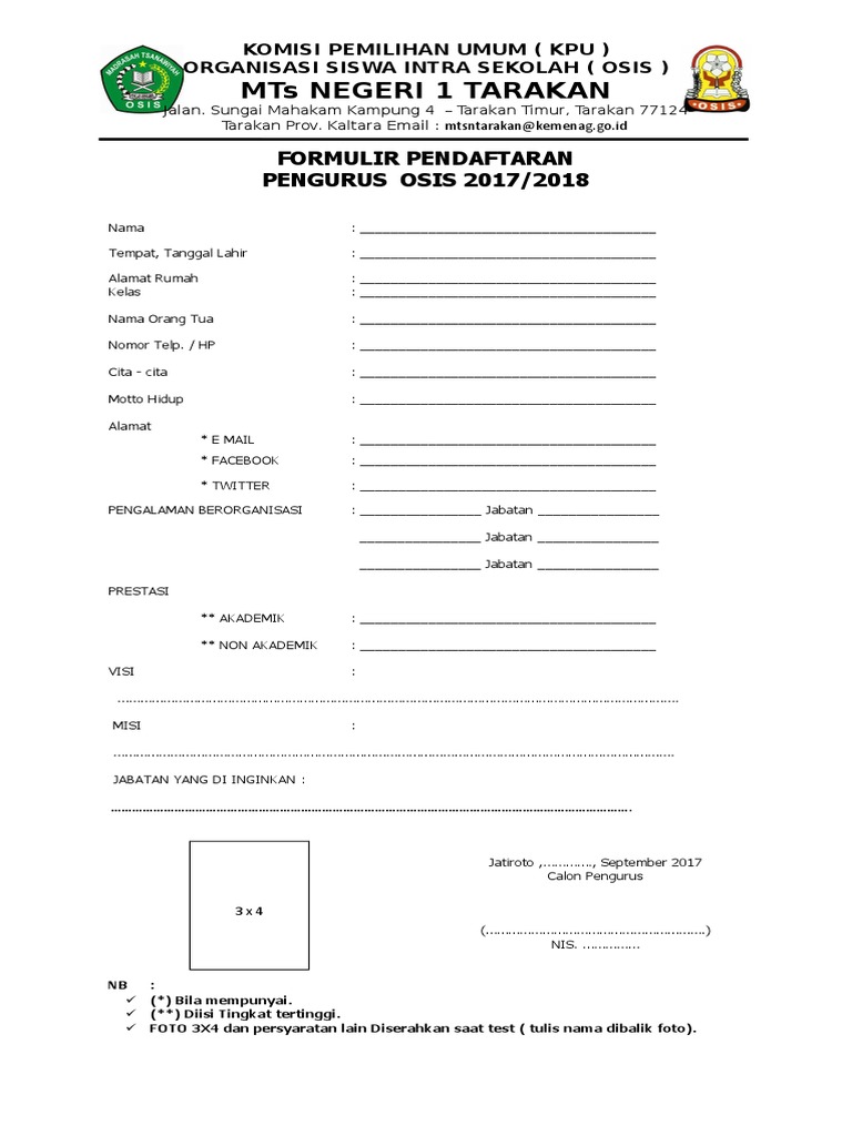 Formulir-Pendaftaran-Calon-Pengurus Osis Mts N Tarakan | PDF
