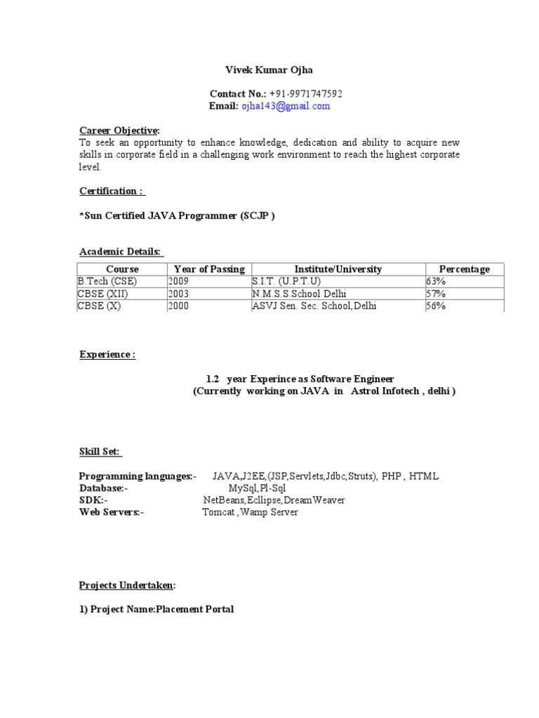 RESUME Vivek Kumar Ojha | PDF | Java Server Pages | Web Software