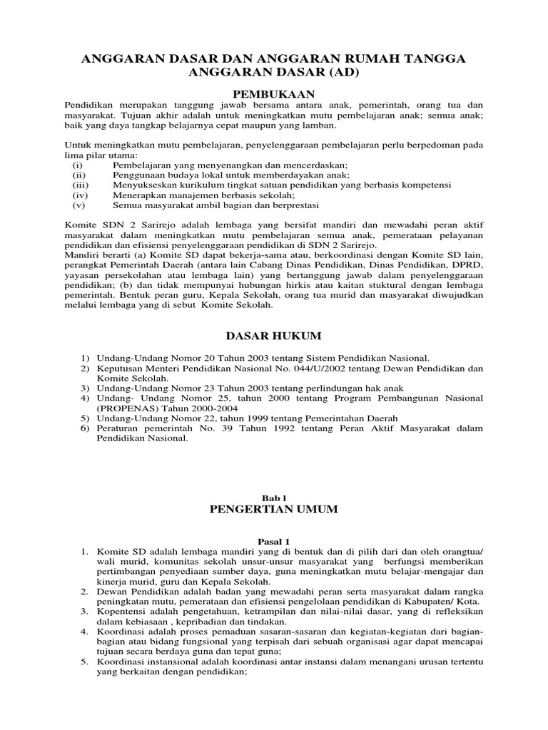 Contoh Anggaran Dasar Dan Anggaran Rumah Tangga Komite Sekolah | PDF