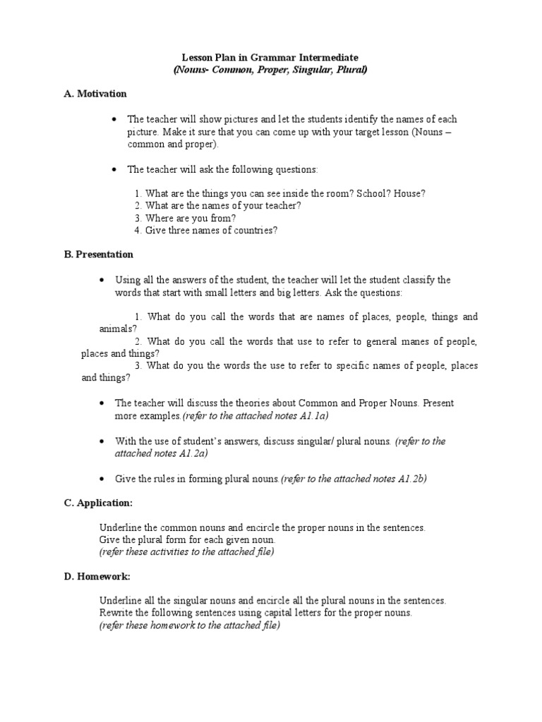 Lesson Plan in Grammar Intermediate-Nouns | PDF | Plural | Grammatical ...