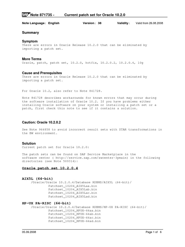 Note 871735 Current Patch Set For Oracle 10 2 0 Pdf Oracle Database 64 Bit Computing