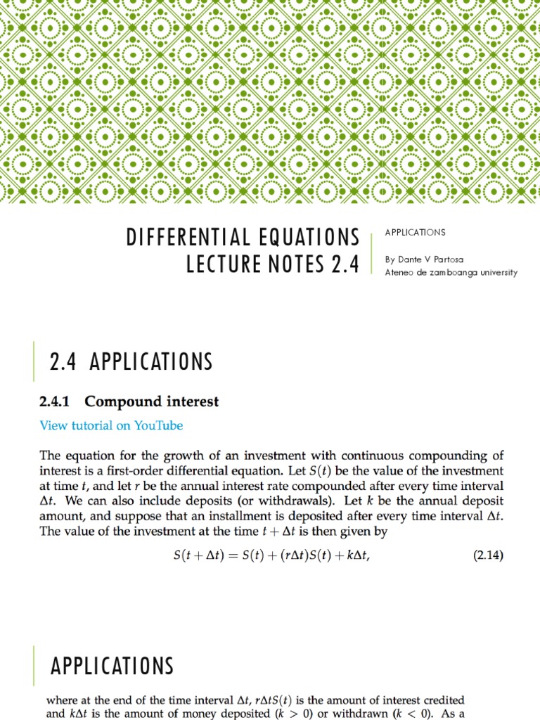 Differential Equations Lecture Notes 2.4: Applications by Dante V ...