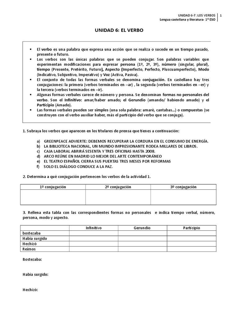 Los Verbos Actividades | PDF | Verbo | Conjugación gramatical