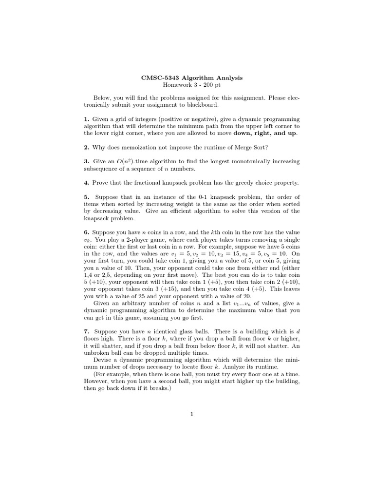 MSCS - Algorithm Analysis Assignment 3 | PDF | Dynamic Programming | Mathematical Concepts