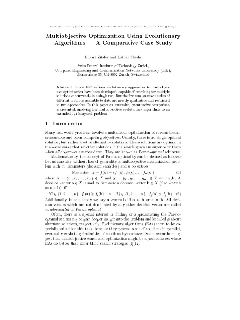 Multiobjective Optimization Using Evolutionary Algorithms - A Comparative Case Study | PDF ...