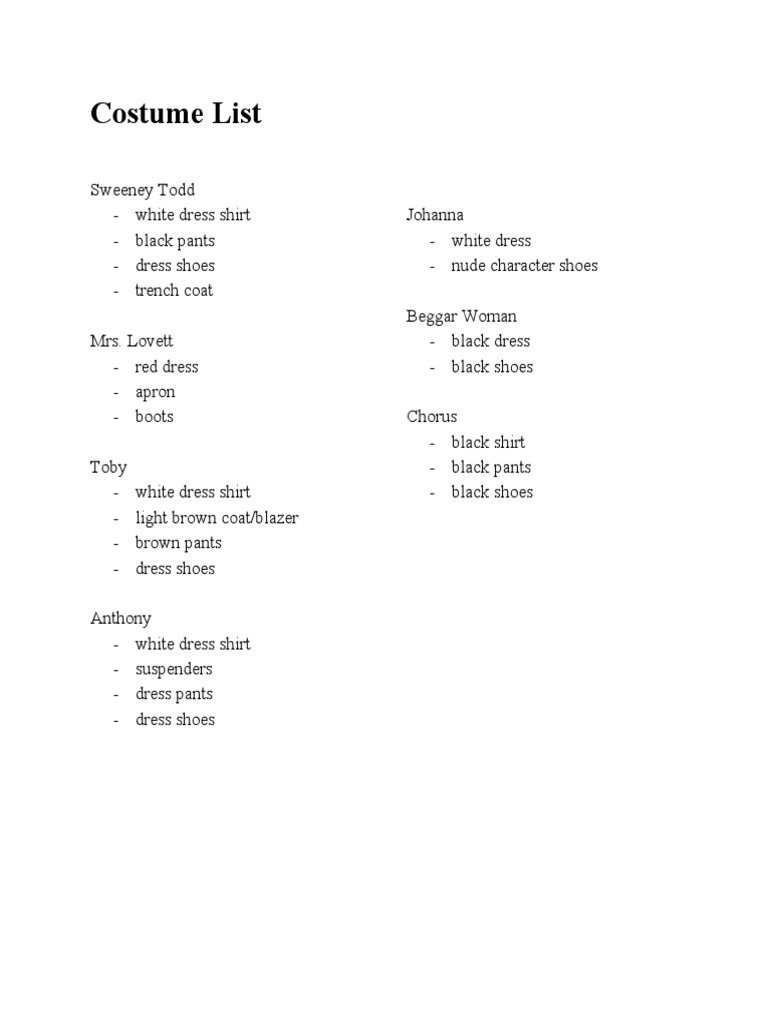 Costume List | PDF