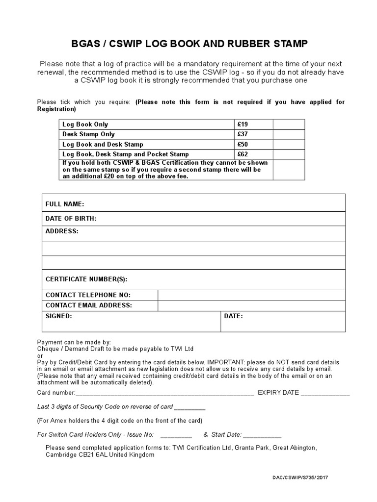 CSWIP Log Book & Stamp Order Form | PDF