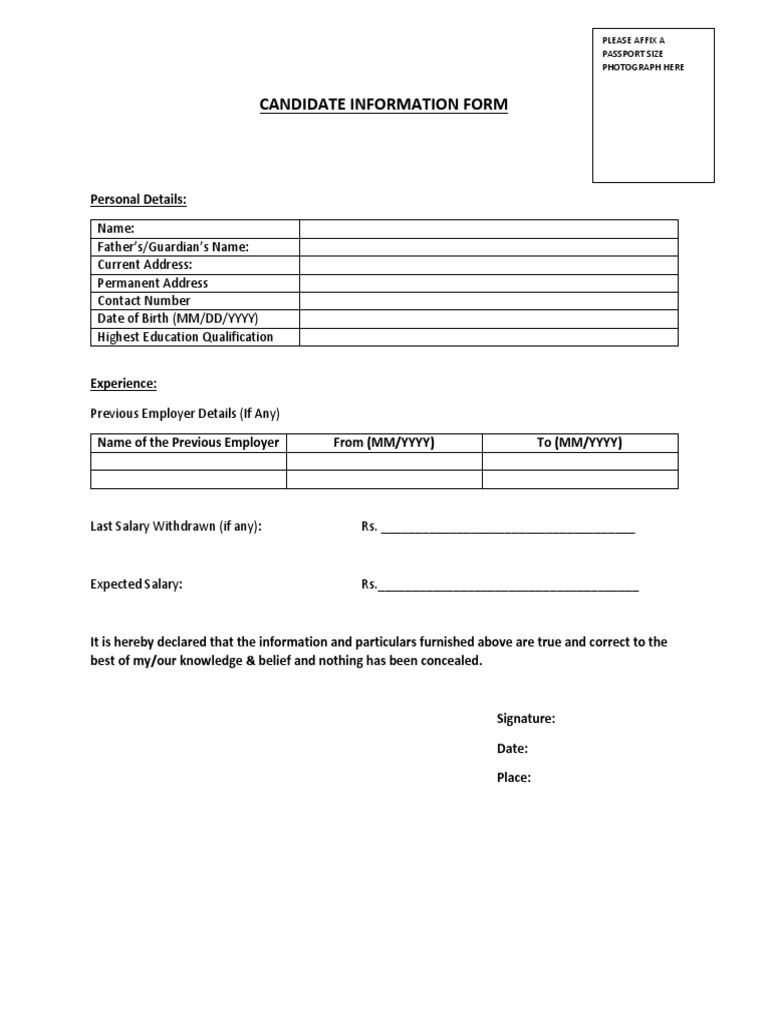 Candidate Information Form: Please Affix A Passport Size Photograph ...