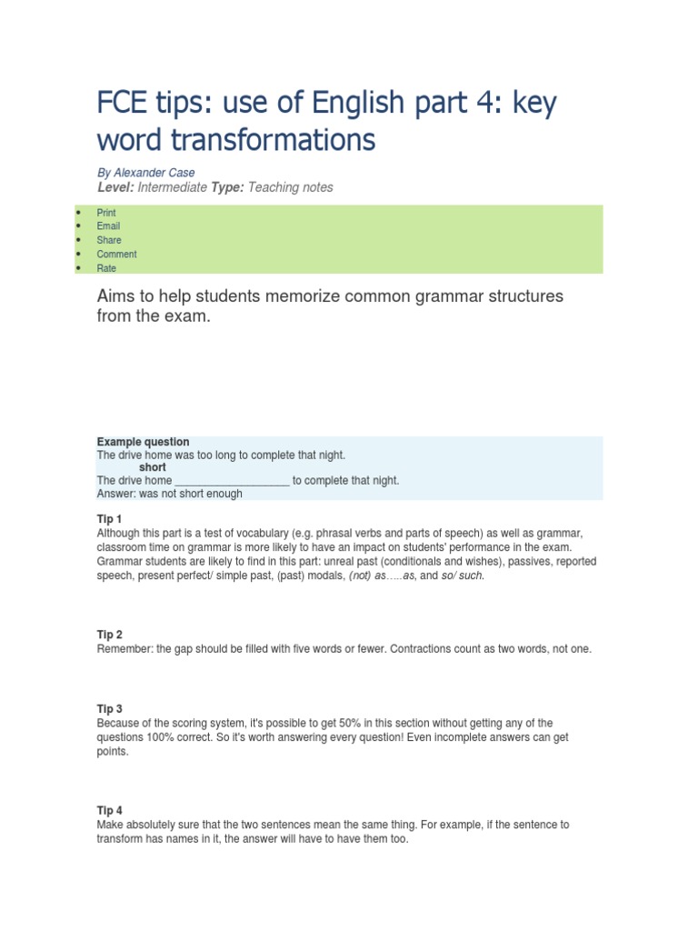 FCE Tips: Use of English Part 4: Key Word Transformations | PDF | Test ...
