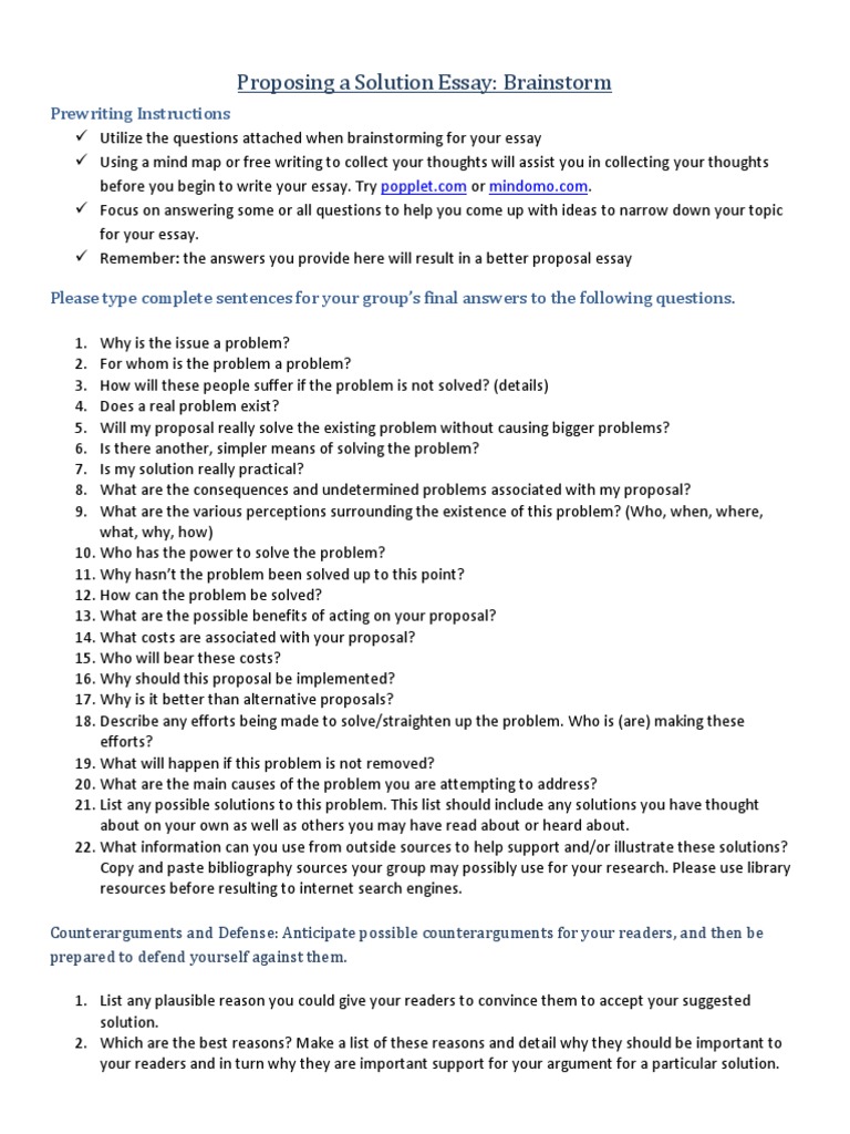 Proposing A Solution Essay: Brainstorm: Prewriting Instructions | PDF ...
