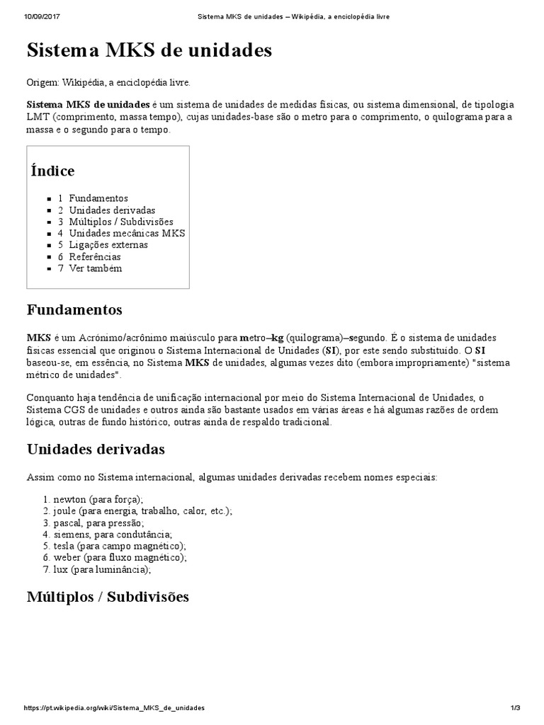 Sistema MKS de Unidades - Wikipédia, A Enciclopédia Livre | PDF ... Sistema MKS de Unidades - Wikipédia, A Enciclopédia Livre | PDF ...