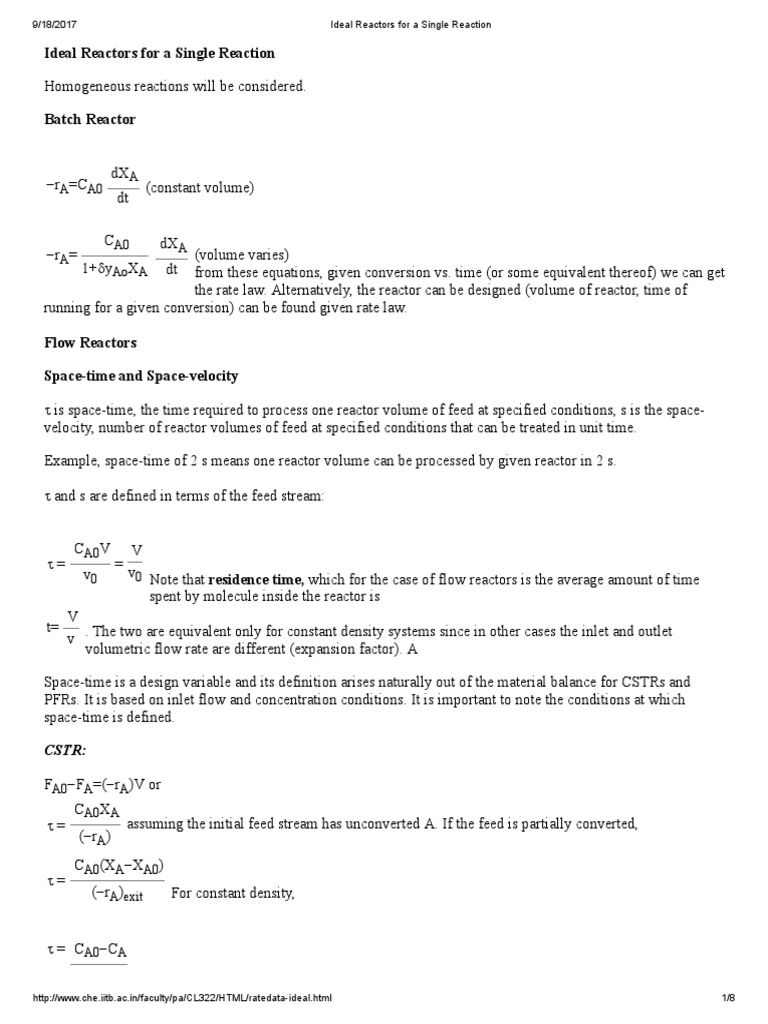 Ideal Reactors For A Single Reaction | PDF | Chemical Reactor | Molar Concentration