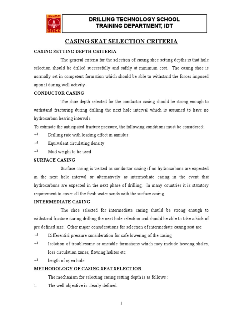 Casing Seat Selection Criterias | PDF | Casing (Borehole) | Oil Well