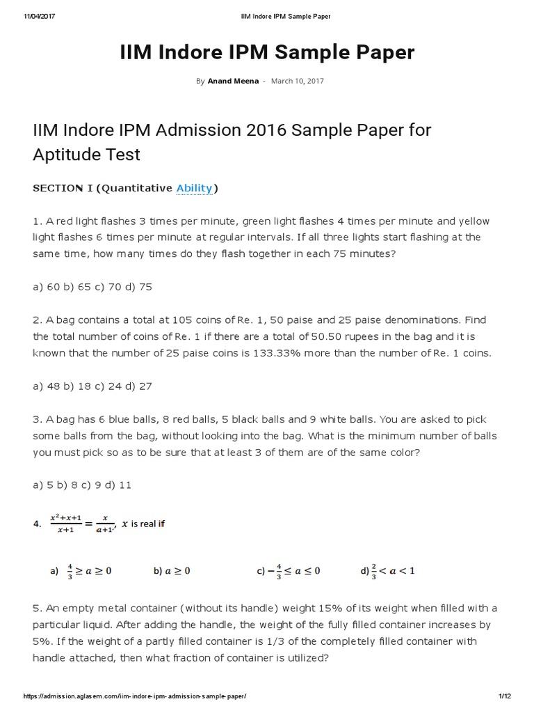 IIM Indore IPM Sample Paper | PDF | Unmanned Aerial Vehicle | Test ...