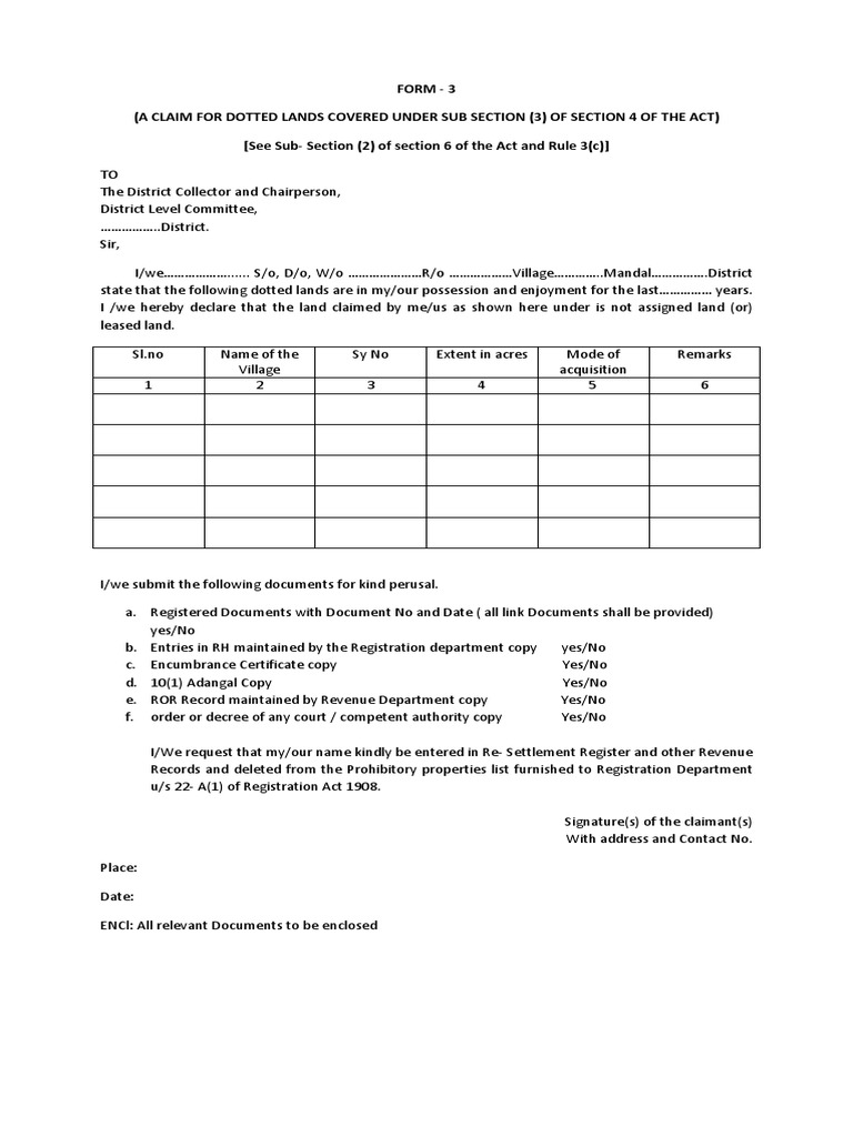 FORM 3 (CItizen) - Claims Under Andhra Pradesh Dotted Lands (Updation ... FORM 3 (CItizen) - Claims Under Andhra Pradesh Dotted Lands (Updation ...