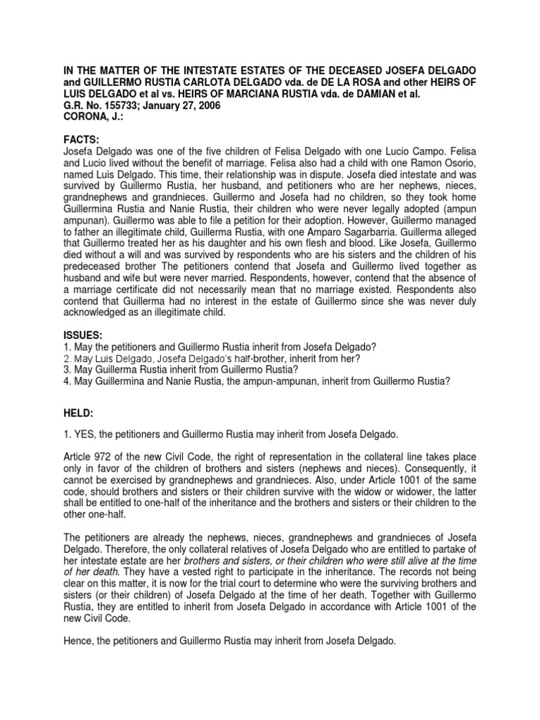 Vda Dela Rosa vs. Heirs of Rustia | PDF | Intestacy | Family