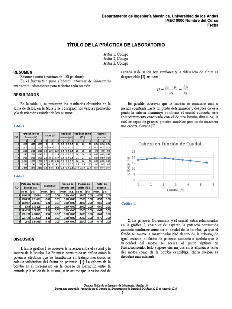Formato Informes de Laboratorio IMEC | PDF | Descarga (hidrología) | Bomba