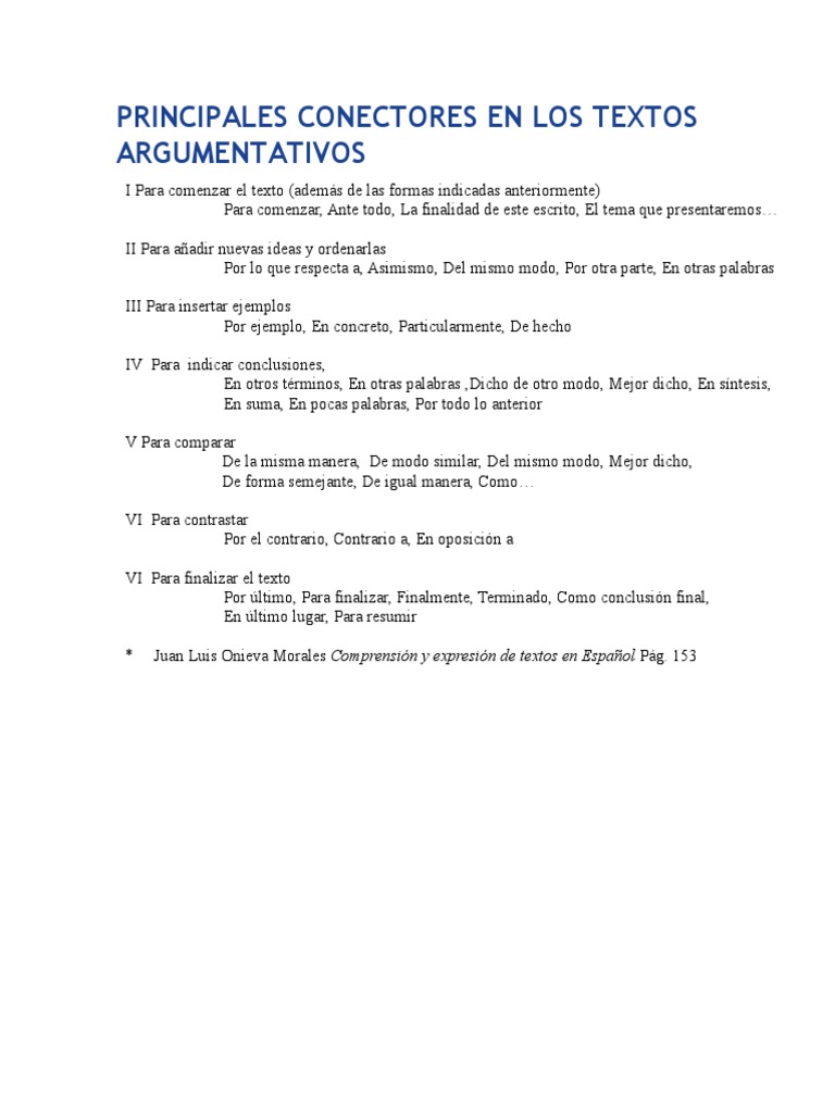 Principales Conectores en Los Textos Argumentativos | PDF