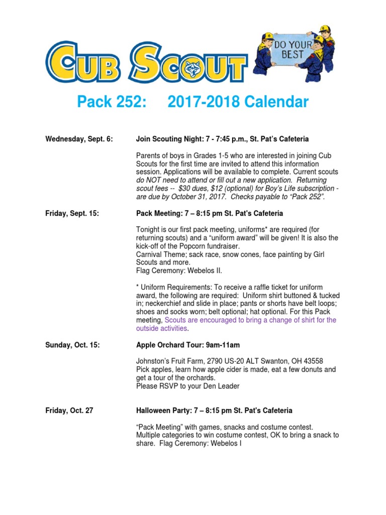 2017-2018 Pack Calendar | Download Free PDF | Scouting | Leisure
