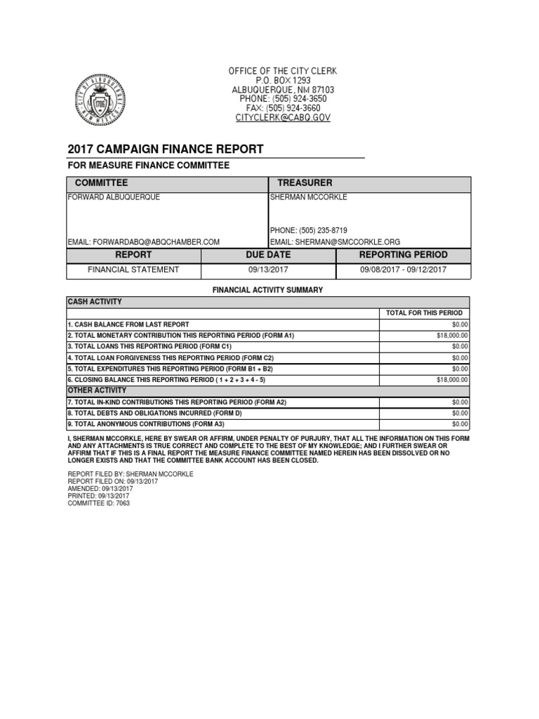2017 Campaign Finance Report: For Measure Finance Committee | PDF ...