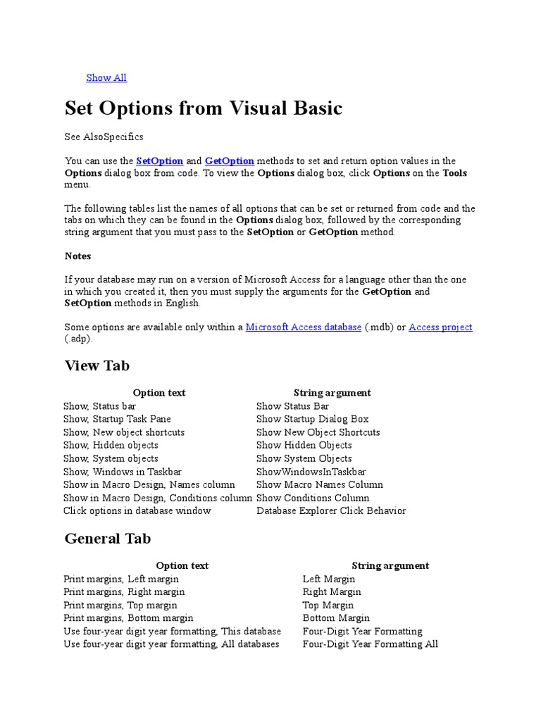 Set Options From Visual Basic: View Tab | PDF | Parameter (Computer ...