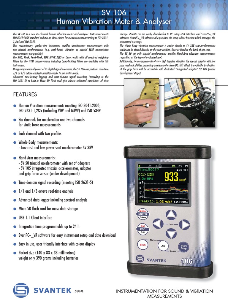 SV 106 Human Vibration Meter & Analyser: Features | Download Free PDF | Accelerometer | Usb