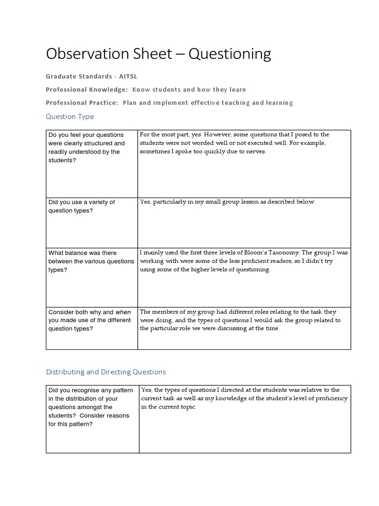 Observation Sheet - Questioning: Question Type | PDF | Mentorship ...