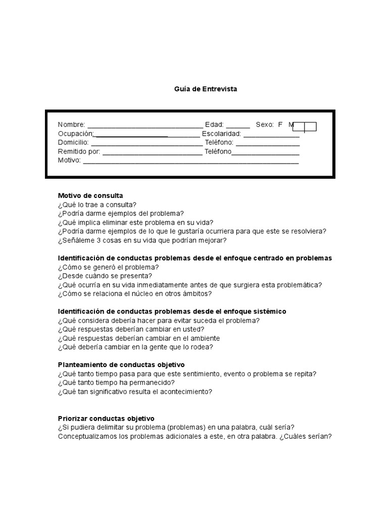 Guía de Entrevista Inicial Cognitivo Conductual Con Énfasis en Análisis ...