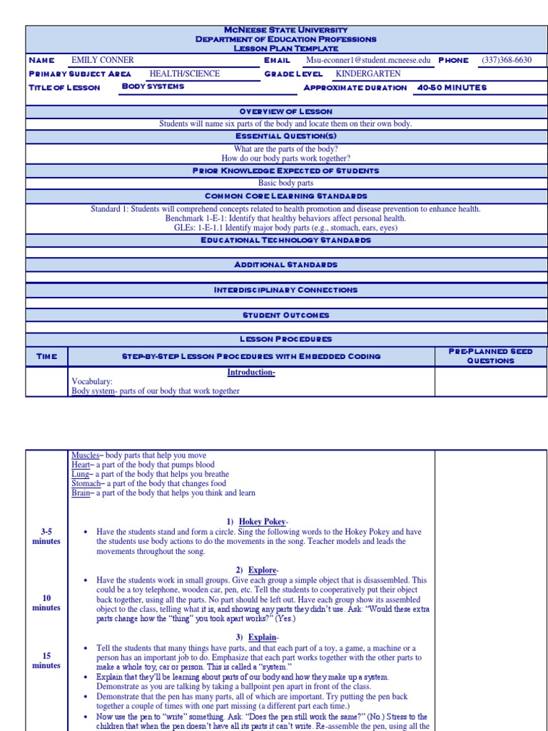 Body Parts Lesson Plan | PDF | Lesson Plan | Quality Of Life