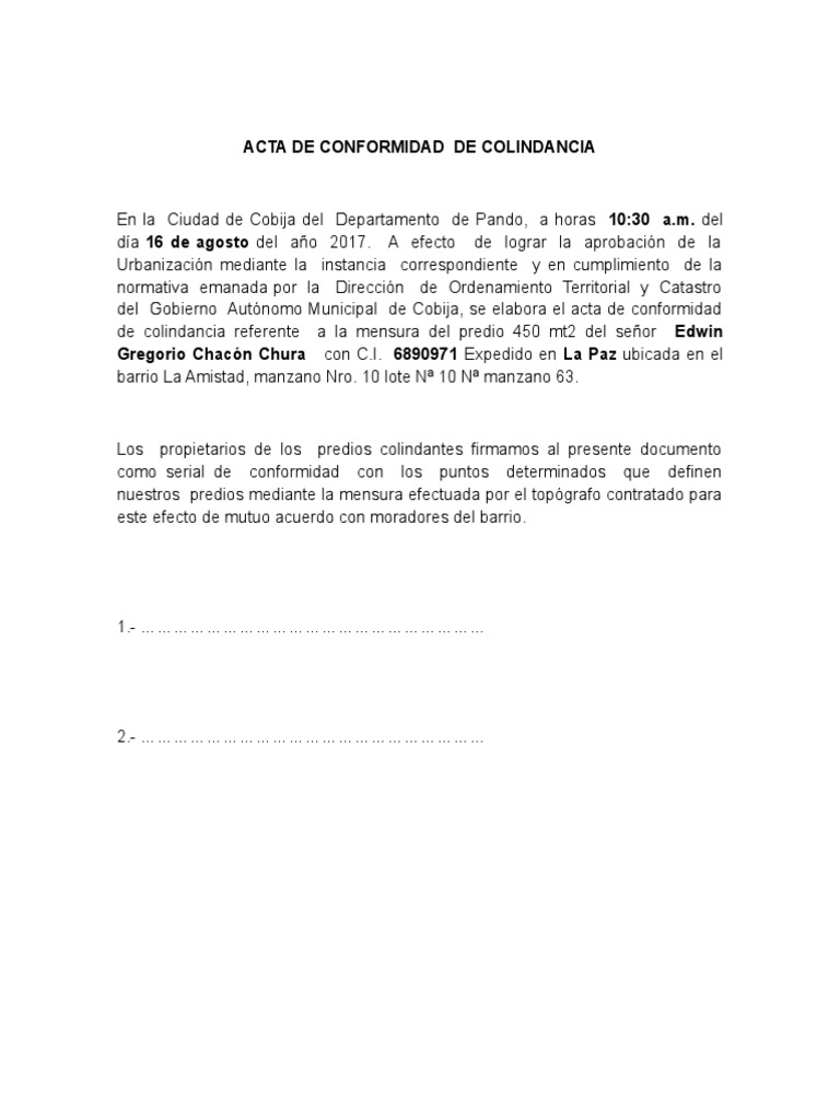 Acta De Conformidad De Colindancia Pdf
