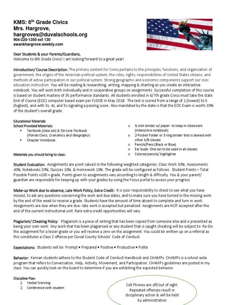 KMS: 6 Grade Civics Mrs. Hargrove | PDF | Homework | Pedagogy