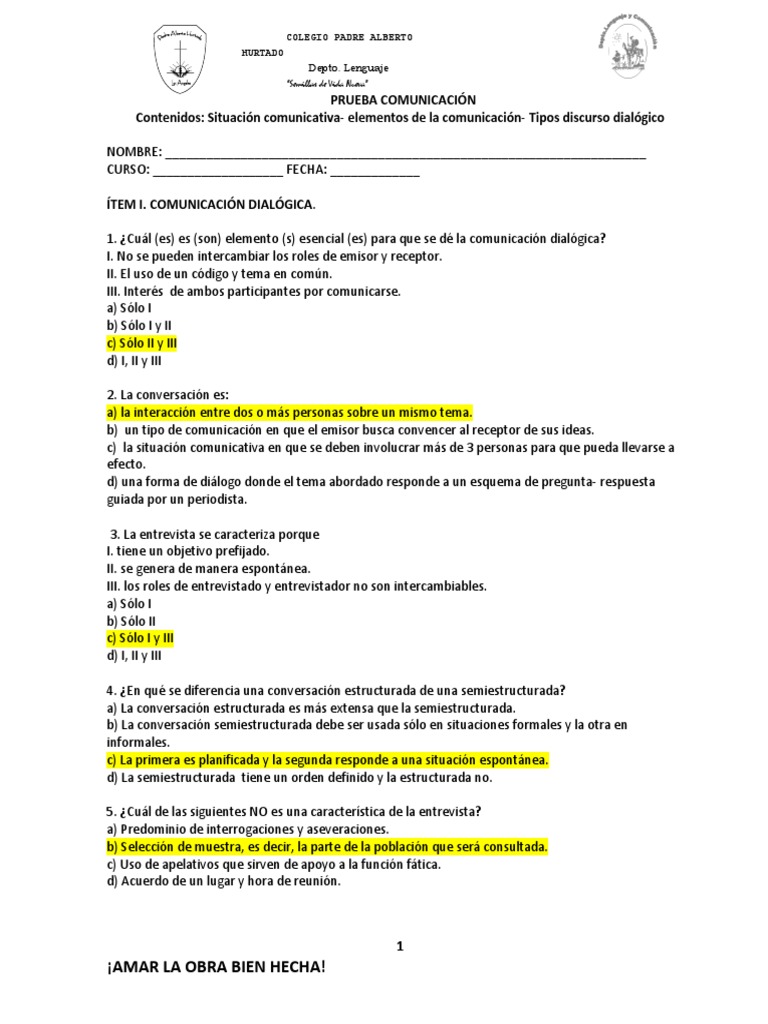 Prueba Comunicación 1°MEDIO CON SOLUCIONES | Conversacion ...