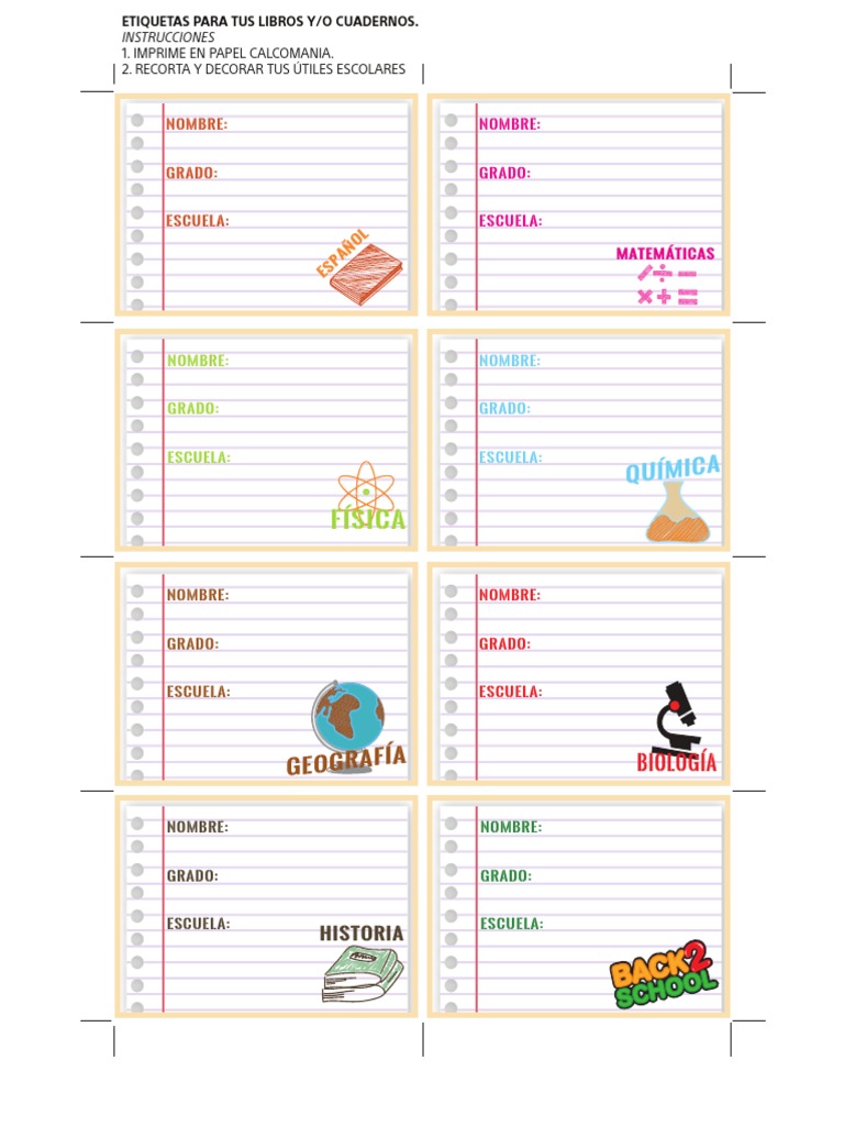 Etiquetas escolares imprimibles para cuadernos | PDF | Ciencias ...