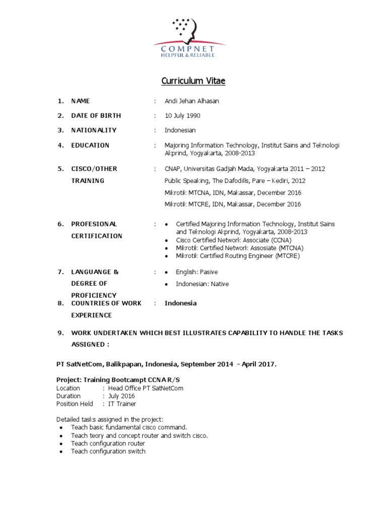 CV Engineer Andi Jehan Alhasan | PDF | Cisco Certifications | Computer Networking