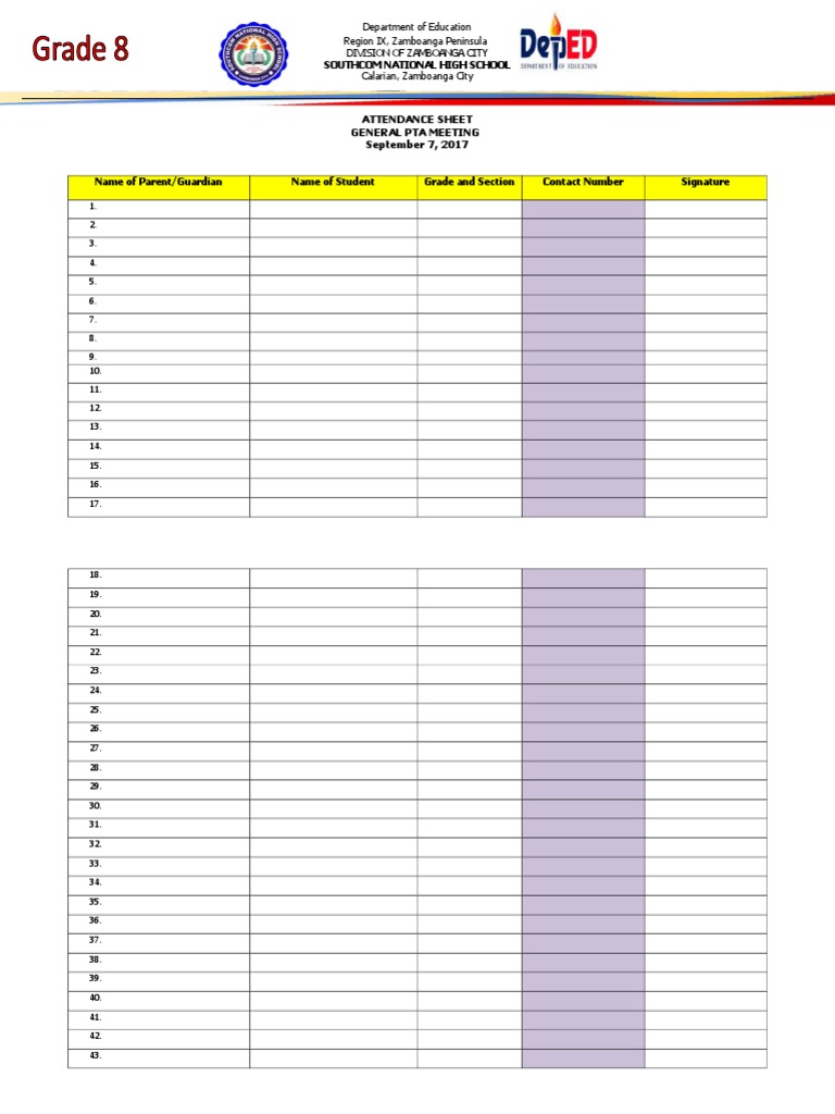 Southcom National High School: Attendance Sheet General Pta Meeting ...