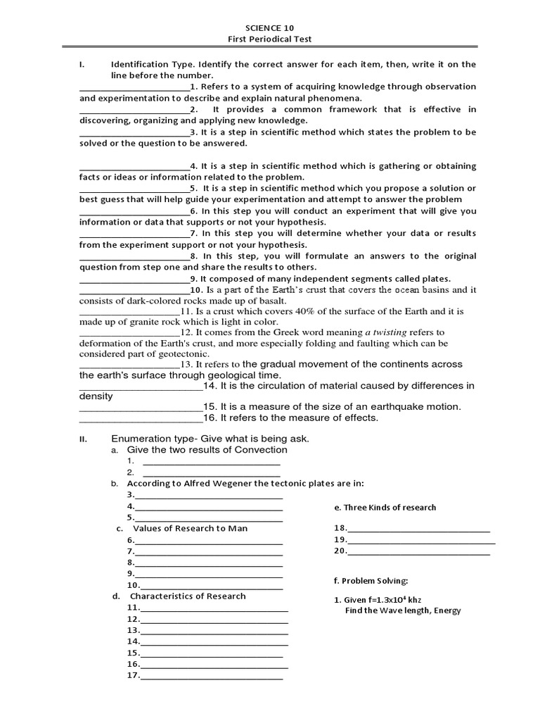Science 10 Periodical Test Guide | PDF | Plate Tectonics | Experiment