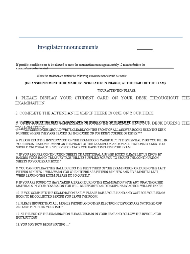 Exam Invigilator Instructions | PDF
